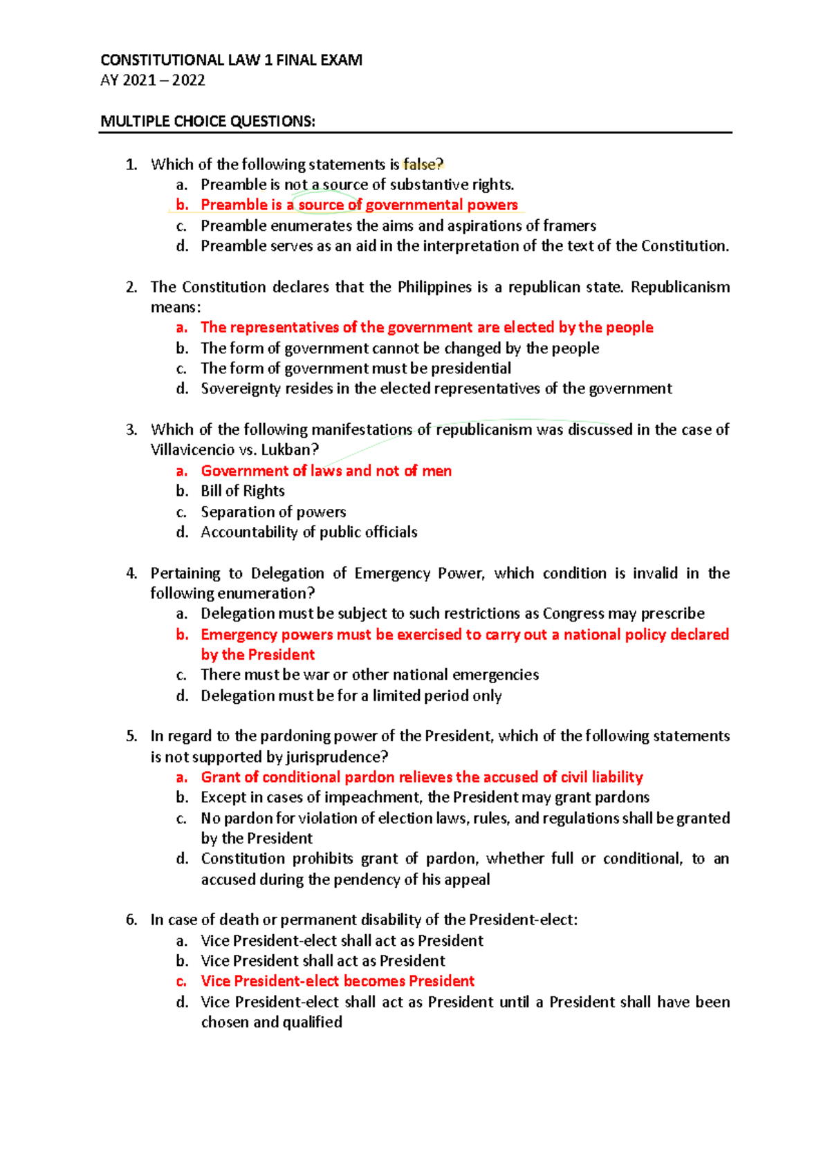 CONSTITUTIONAL LAW 1 FINAL EXAM AY 2021-2022 MCQ & ESSAY ANSWERS - Studocu
