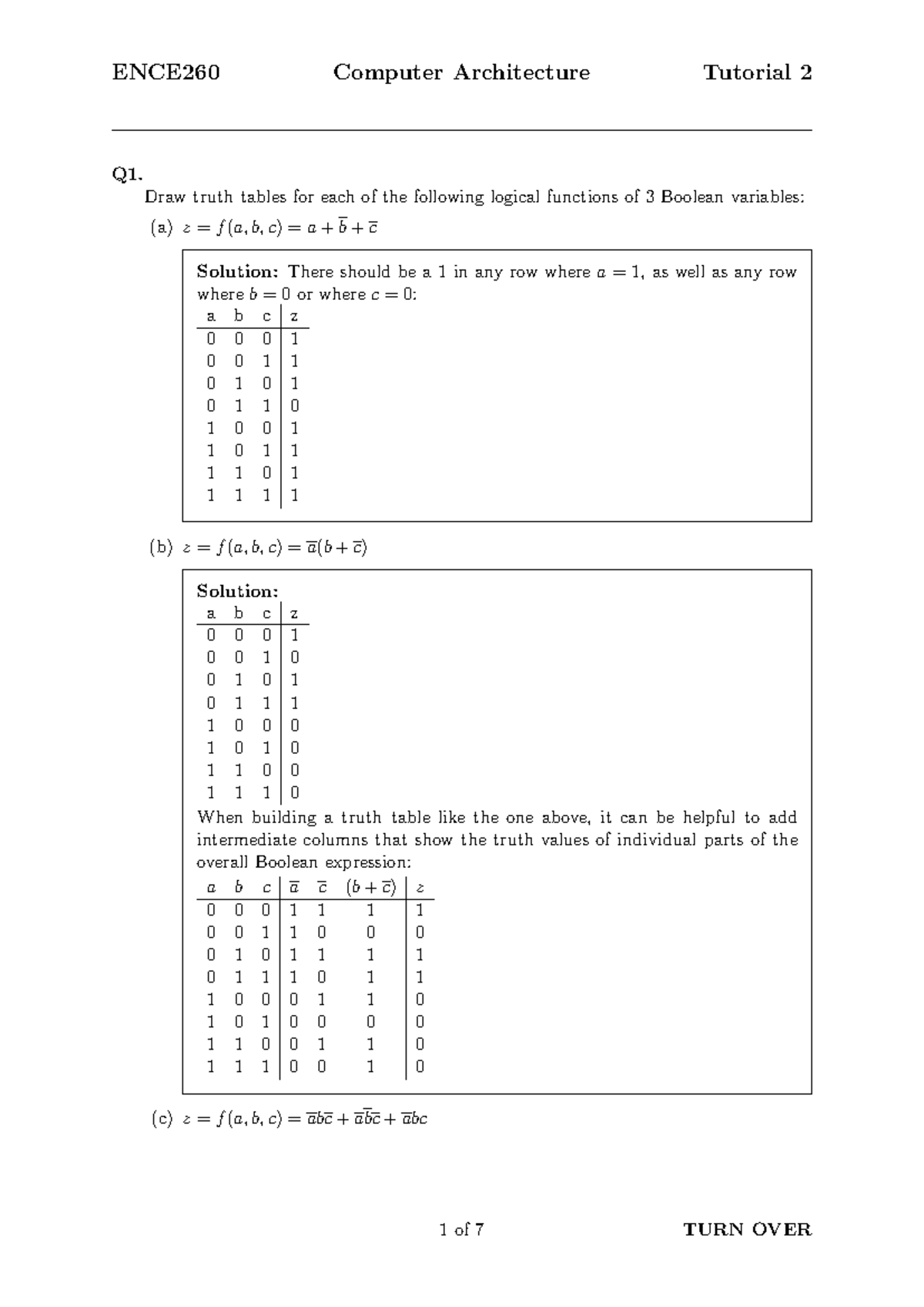 ENCE260 Computer Architecture Tutorial 2 Answers on Boolean Functions ...