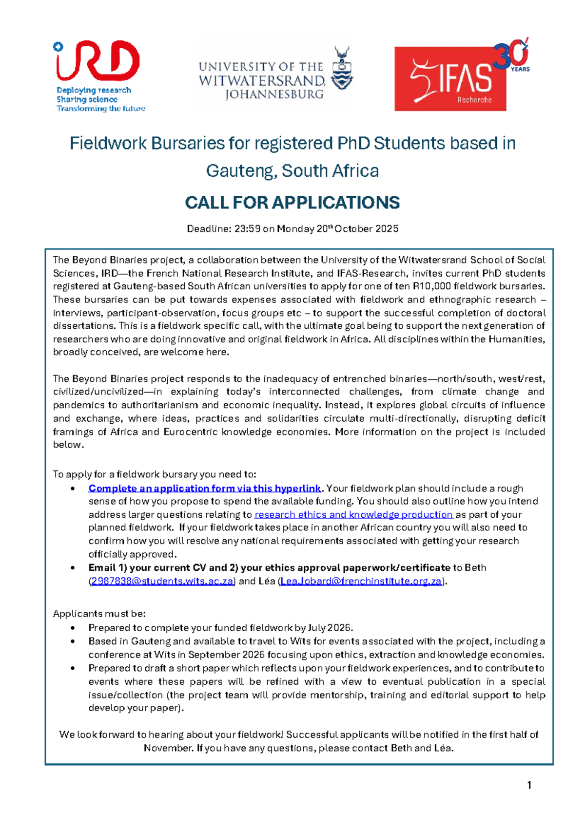 2026 PhD Fieldwork Bursary Application - Beyond Binaries Project - Studocu