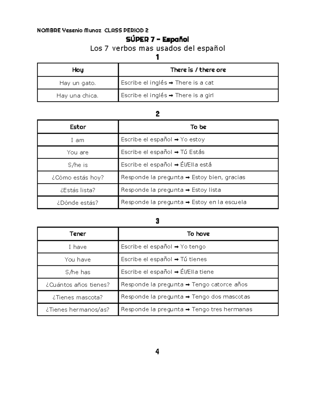 Super 7 Español: Los 7 Verbos Más Usados - Worksheet Notes - Studocu