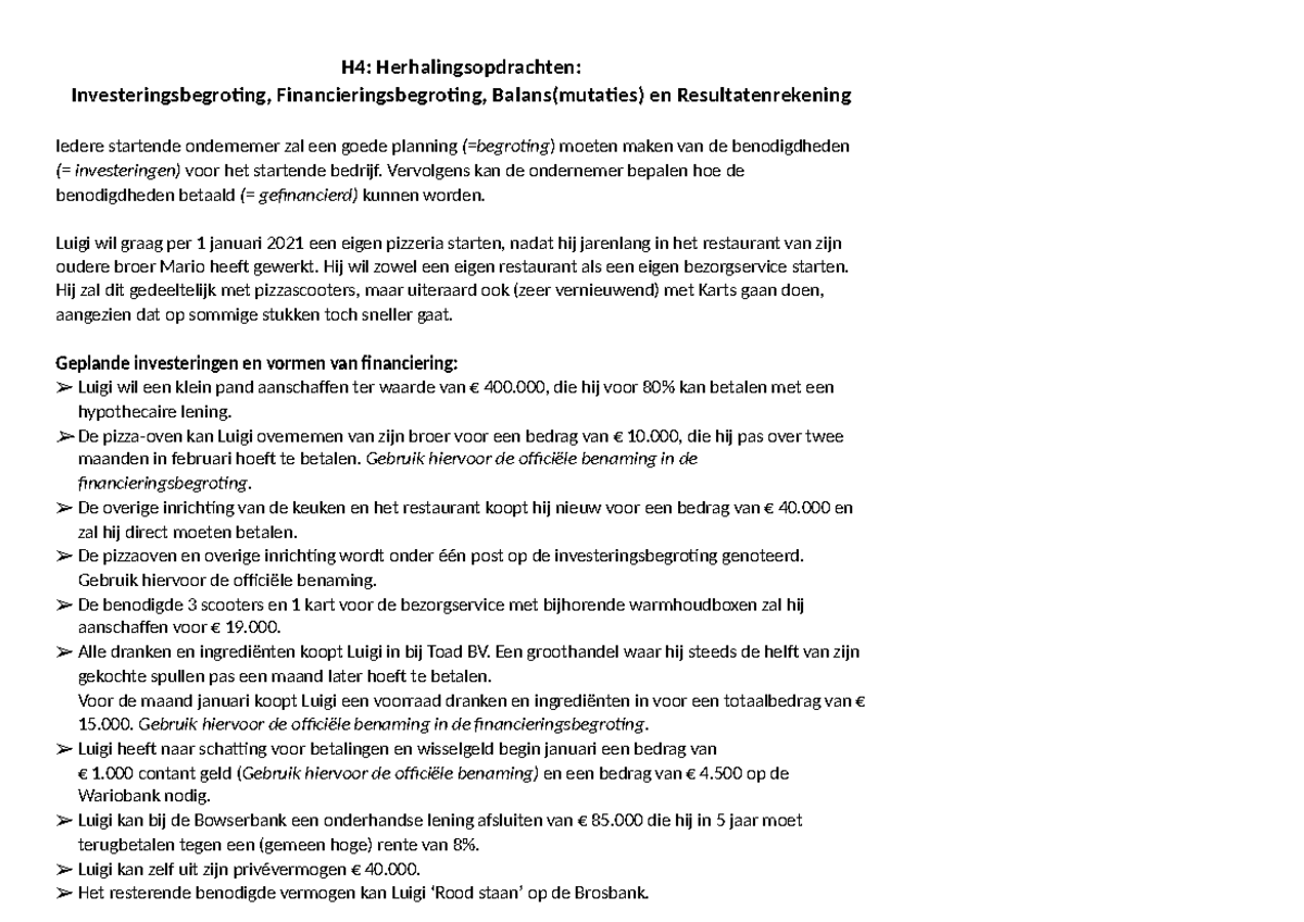 H4 Herhalingsopdrachten: Investeringsbegroting, Balansmutaties ...
