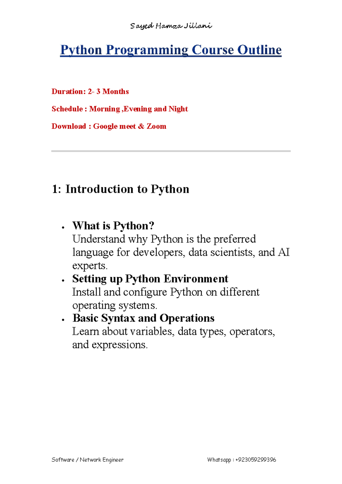 Python Programming Introduction and Course Outline Details - Studocu