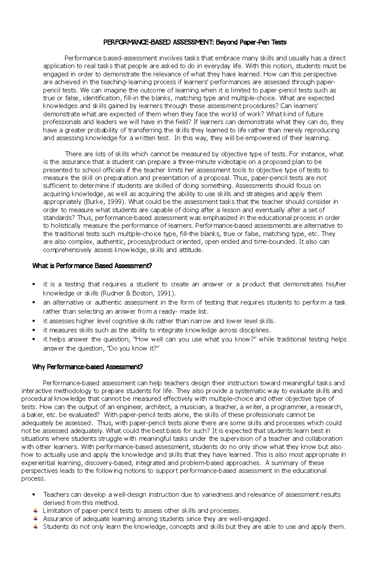 Performance-Based Assessment: Shifting from Paper-Pencil Tests - Studocu