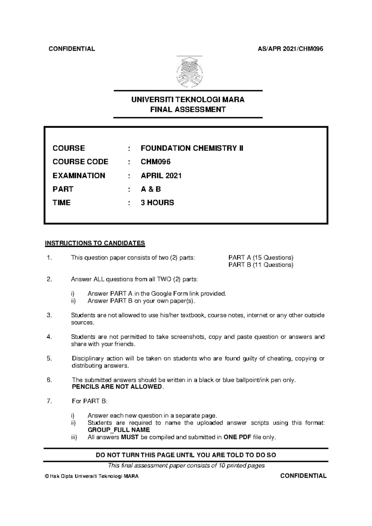 CHM096 2021 - Final Assessment Questions for Foundation Chemistry II ...