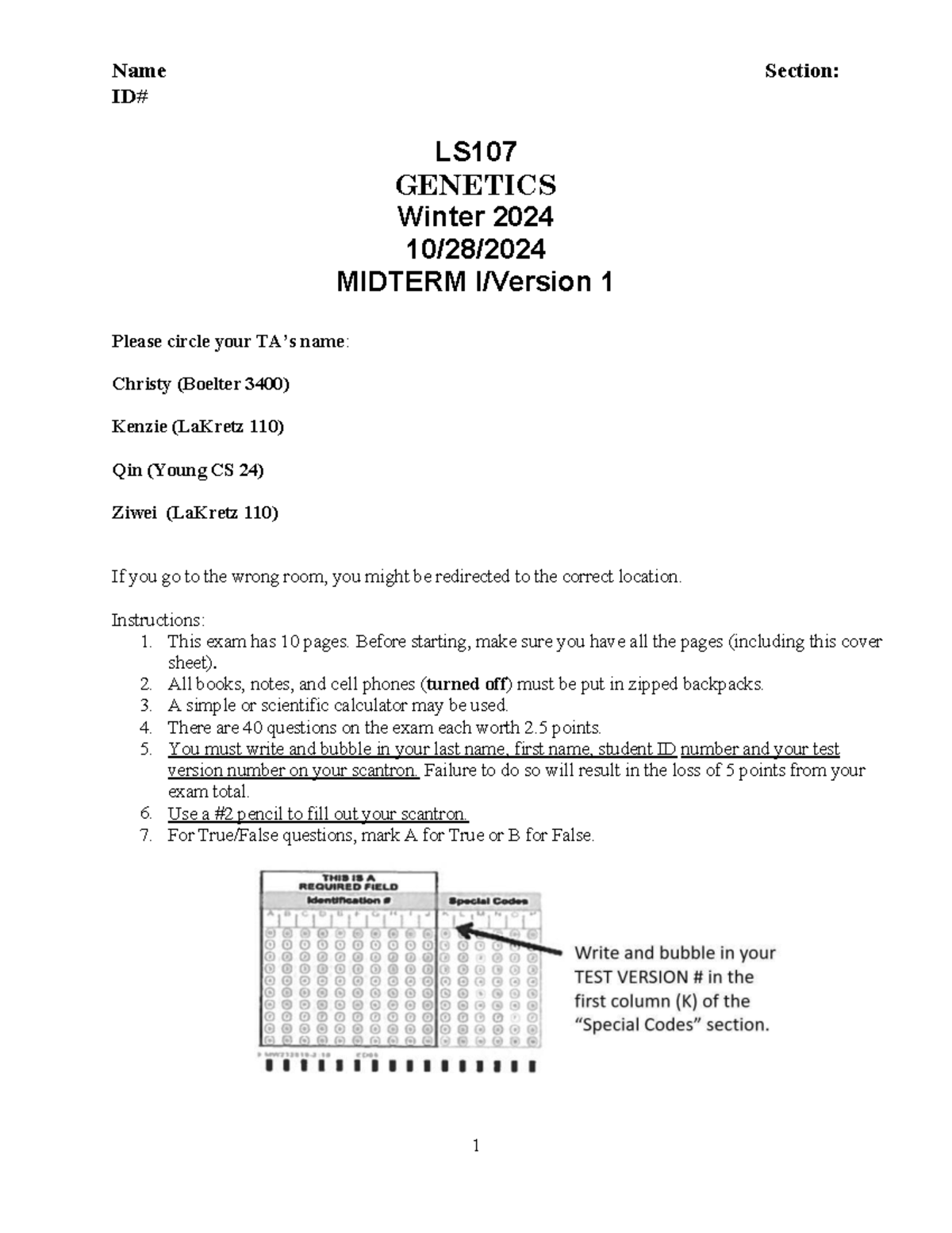MT1 LS107 GENETICS Winter 2024 MIDTERM 1 Answer Key - Studocu