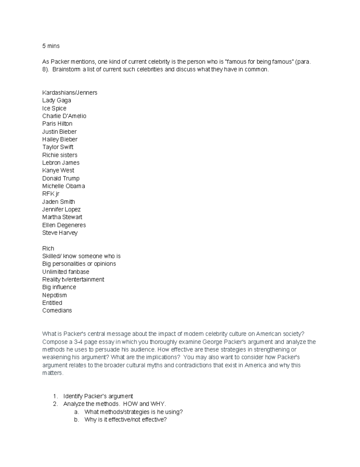 9/16 Lecture Notes: Analyzing Modern Celebrity Culture Impact - Studocu