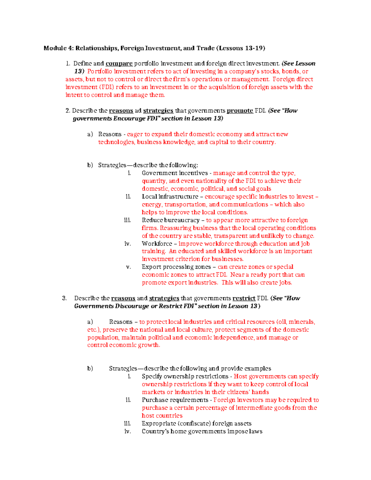 Module 4 Study Guide: FDI, Trade, and Economic Policies D080 - Studocu