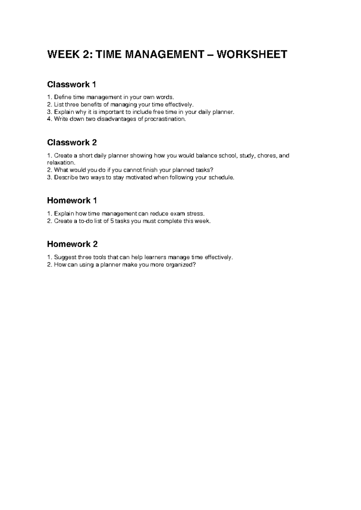 Grade 9 LO: Week 2 Time Management Worksheet & Activities - Studocu