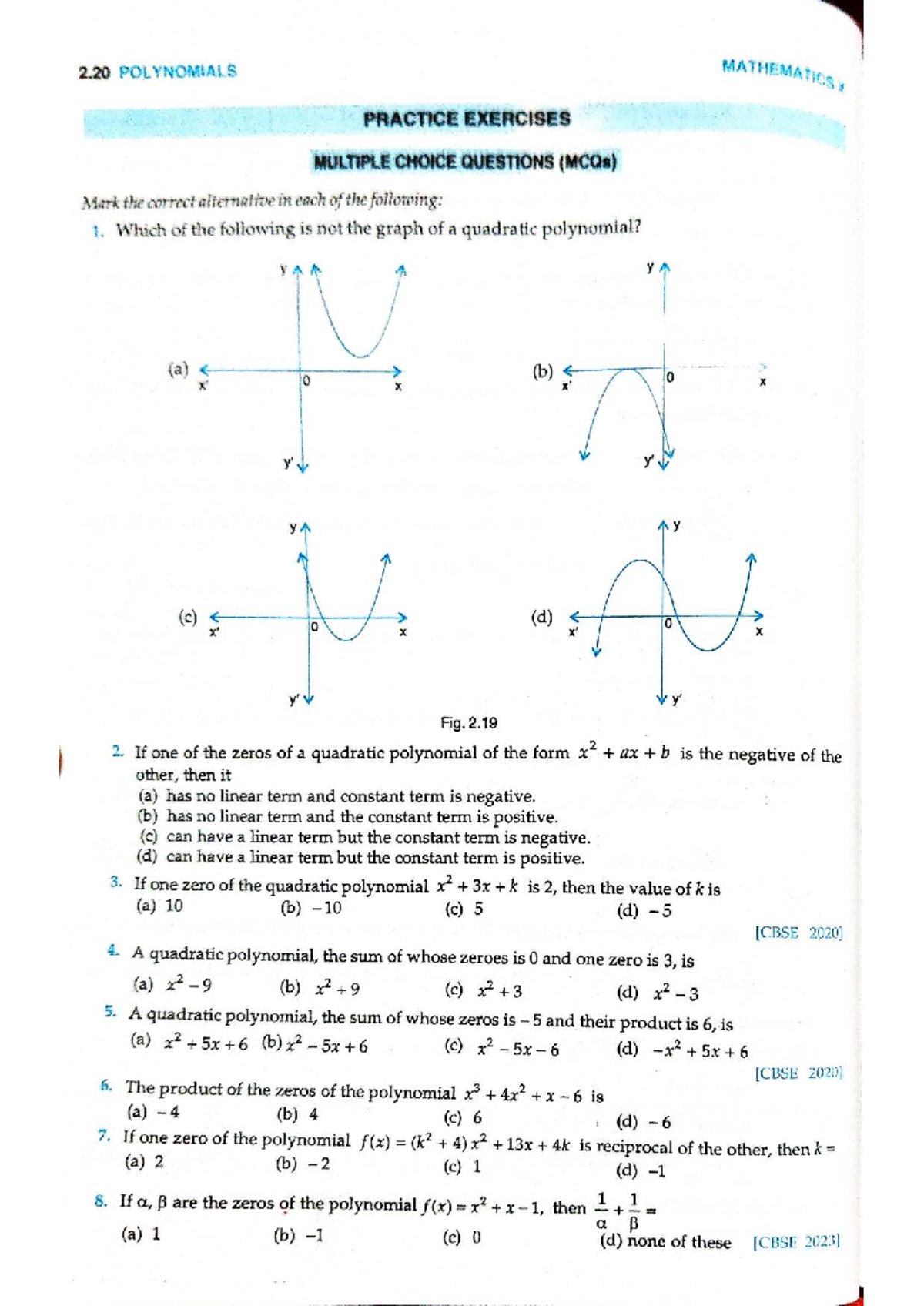 Ath 2 20 Class 10 Mathematics Mcqs On Polynomials Studocu