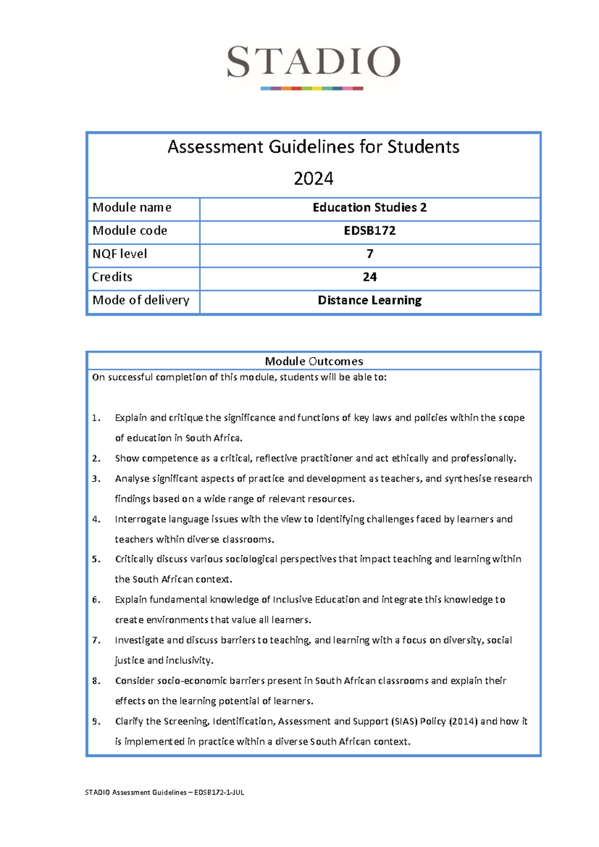 EDSB172 Distance Learning Assessment Guidelines for 2024 - Studocu