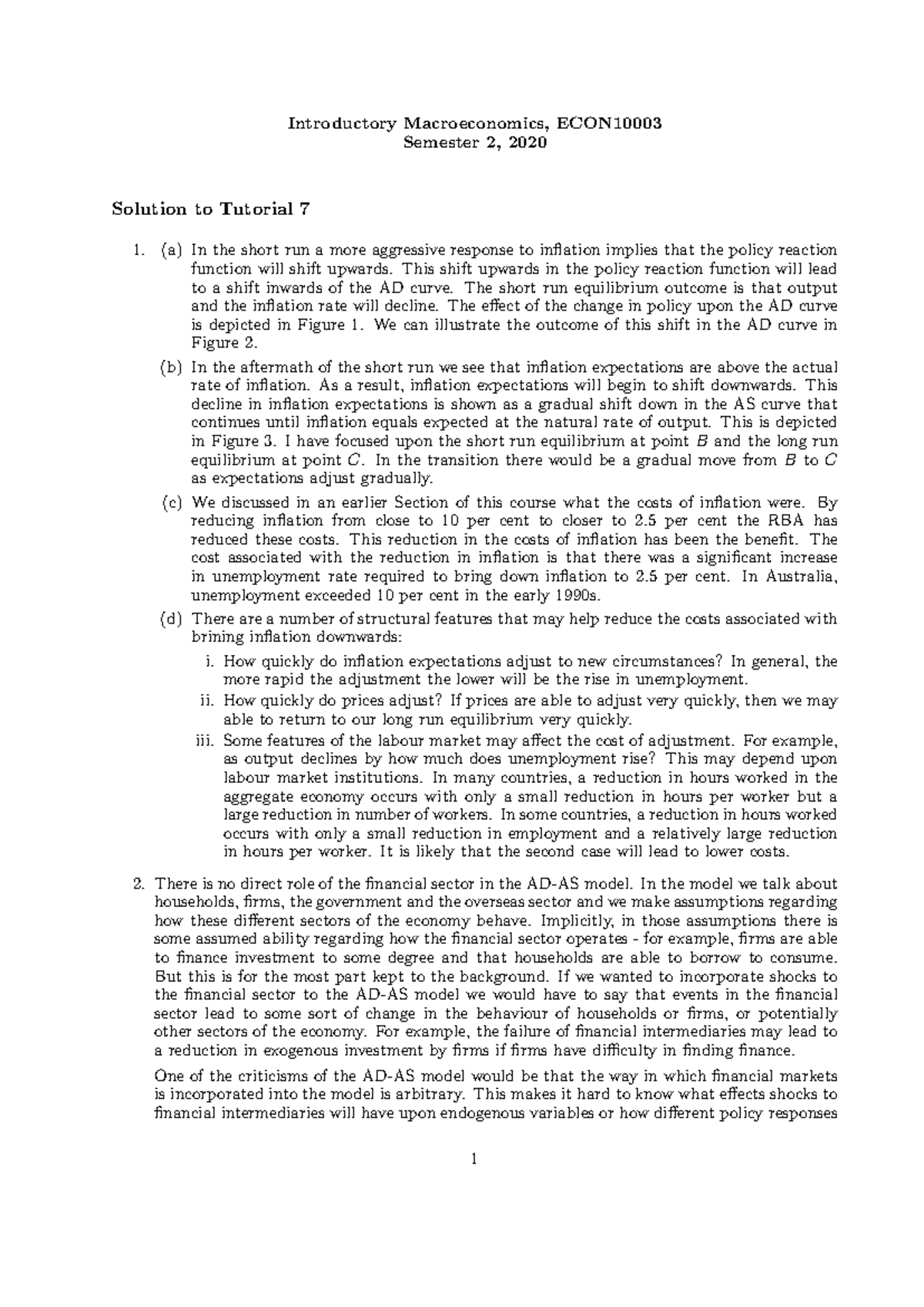 Tutorial 7 Solutions - Introductory Macroeconomics, ECON Semester 2 ...