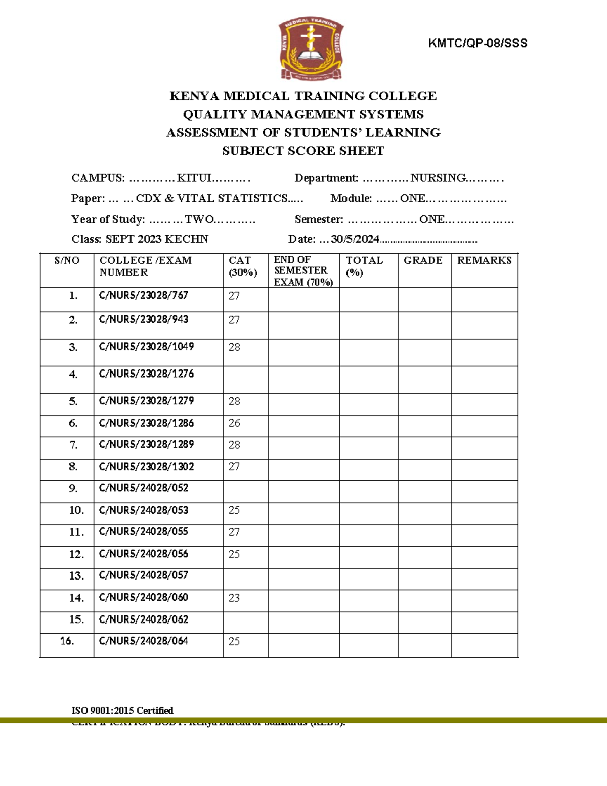 KENYA MEDICAL TRAINING COLLEGE VITAL CAT MARKS SEPT 2023 - Studocu