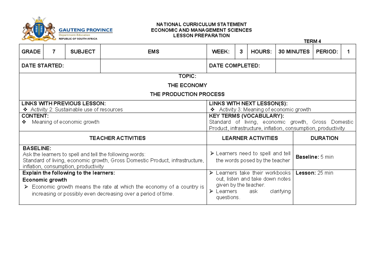 NATIONAL CURRICULUM EMS GRADE 7 LESSON PLAN: ECONOMIC GROWTH - Studocu