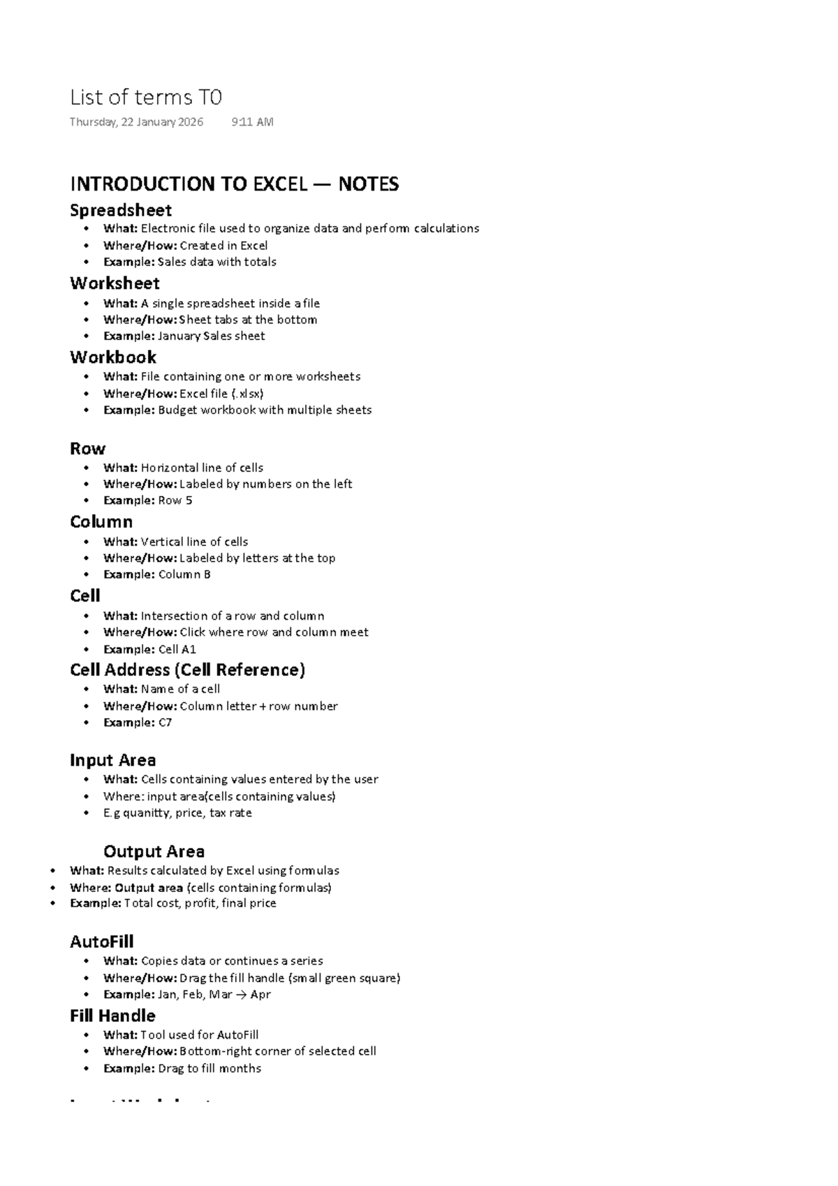 List of Excel Terms - CMPS 208 Study Notes - Studocu