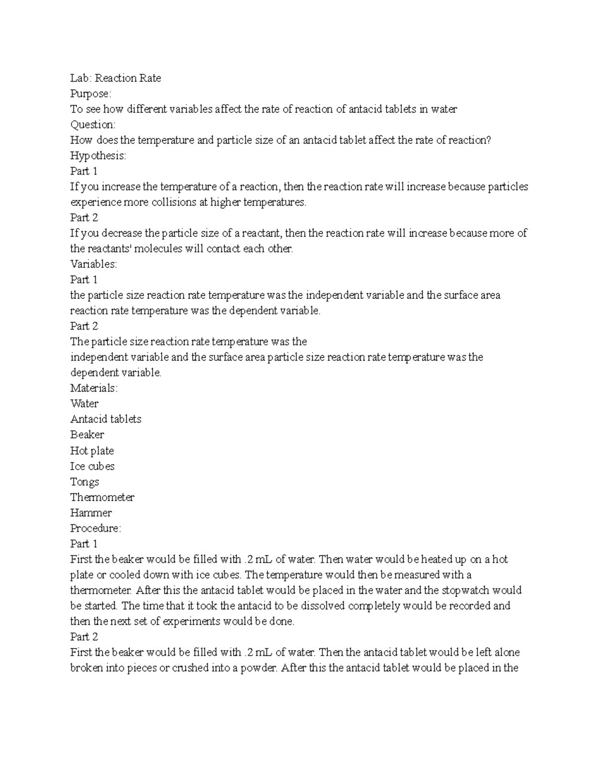 Lab: Reaction Rate of Antacid Tablets - Variables & Effects - Studocu