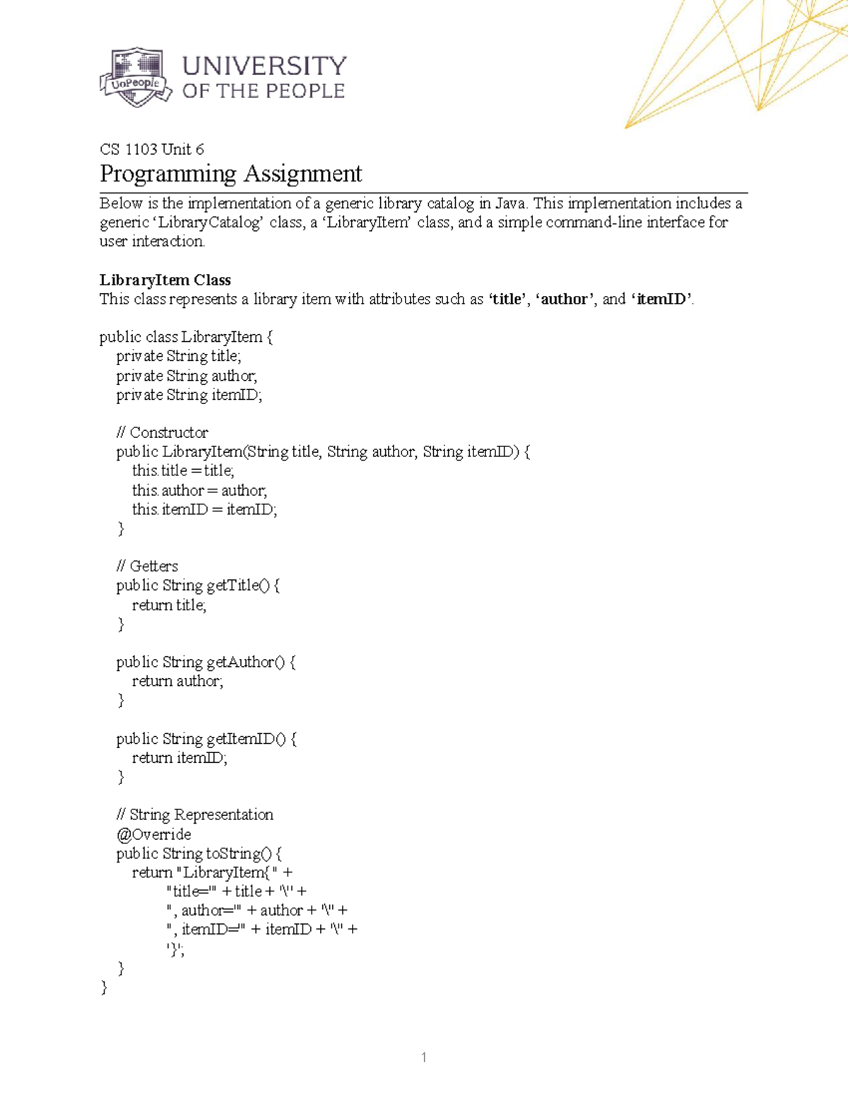 CS 1103 Unit 6 Java Generic Library Catalog Implementation - Studocu