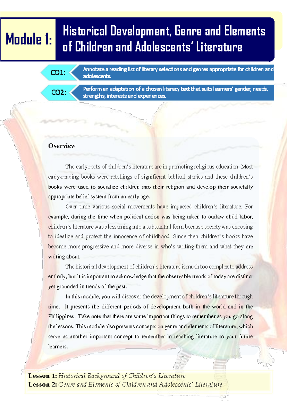 EL111 Module 1: Historical Background of Children's Literature and Genres - Studocu