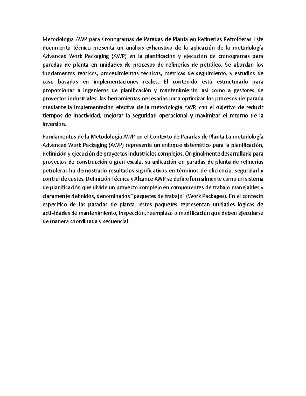 AWP: Aplicación y Definición en Paradas de Planta en Refinerías - Studocu