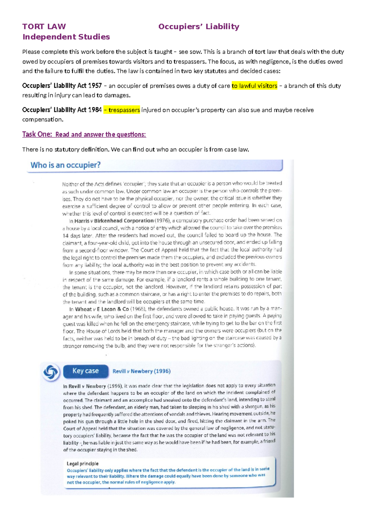 Occupiers Liability Independent Studies (TORT LAW) 2025 - Studocu