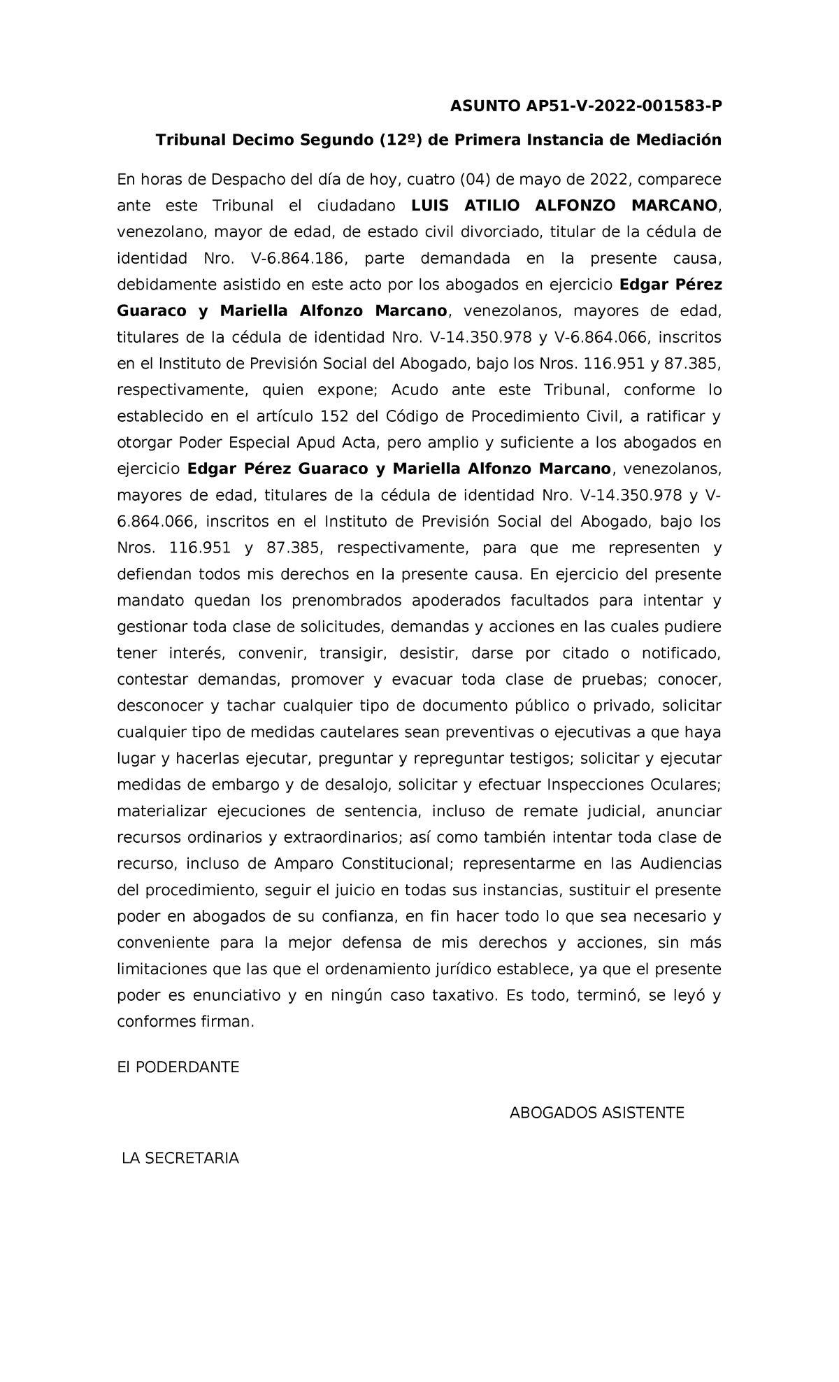 Modelo de Poder Apud Acta – Asunto AP51-V-2022-001583-P - Studocu