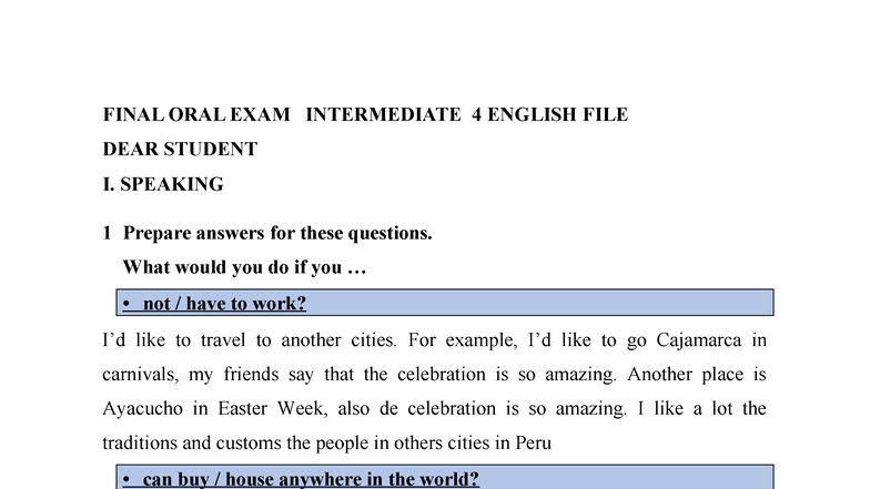 Final Oral Exam Prep: Intermediate 4 English File - Studocu