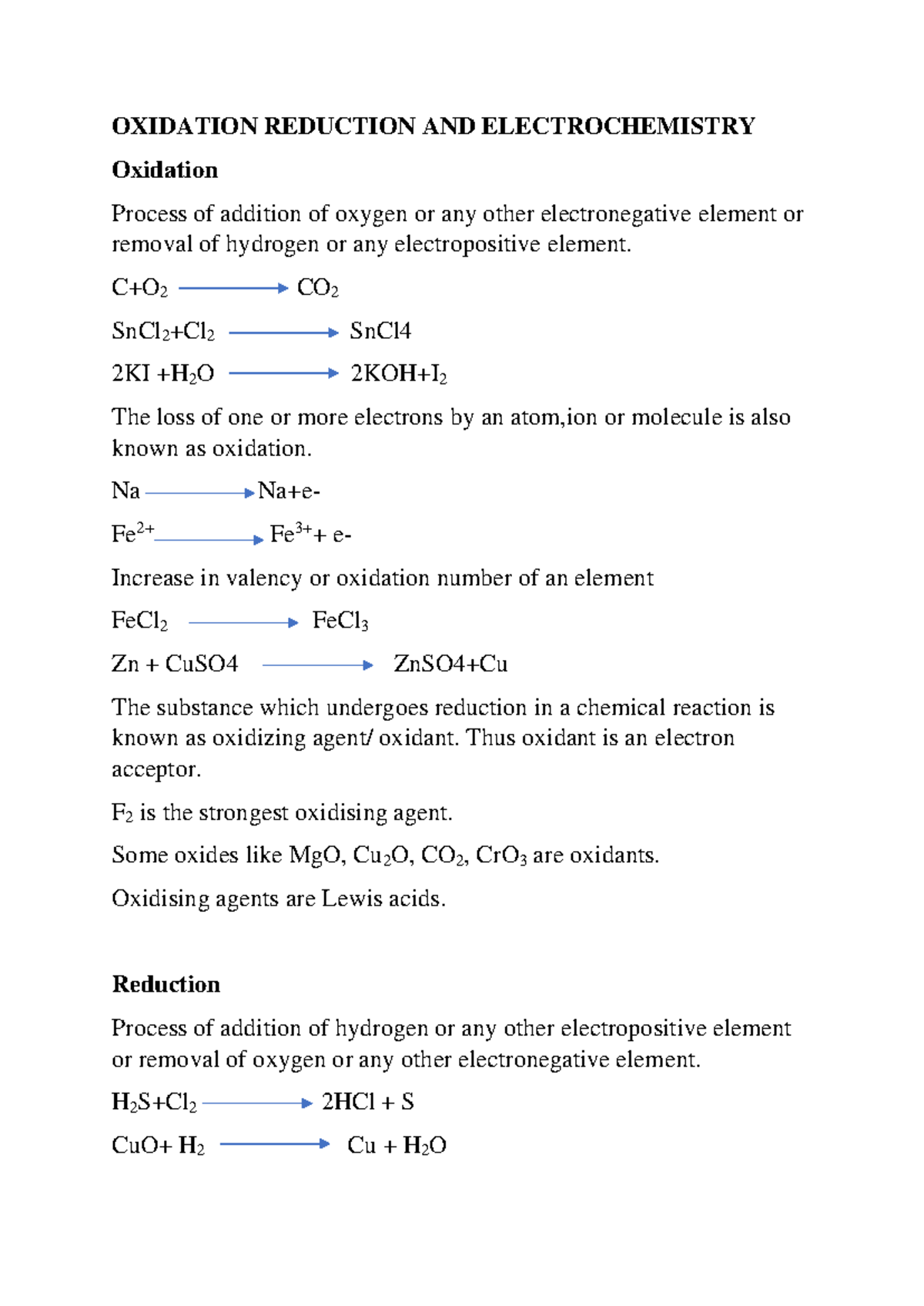 Oxidation Reduction AND Electrochemistry Notes - OXIDATION REDUCTION ...