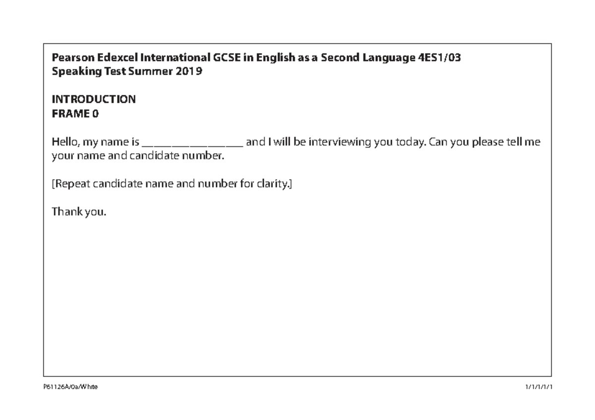 Pearson Edexcel International GCSE ESL Speaking Test Cards 2019 - Studocu