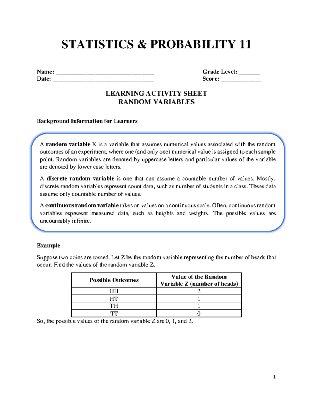 Statistics Prob LAS 3Q pp Random Variables - STATISTICS & PROBABILITY ...