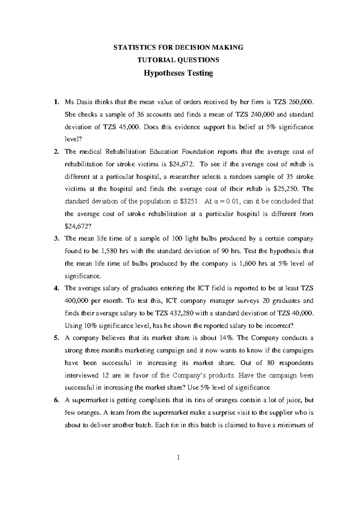 STAT 101: Hypothesis Testing Tutorial Questions and Solutions - Studocu