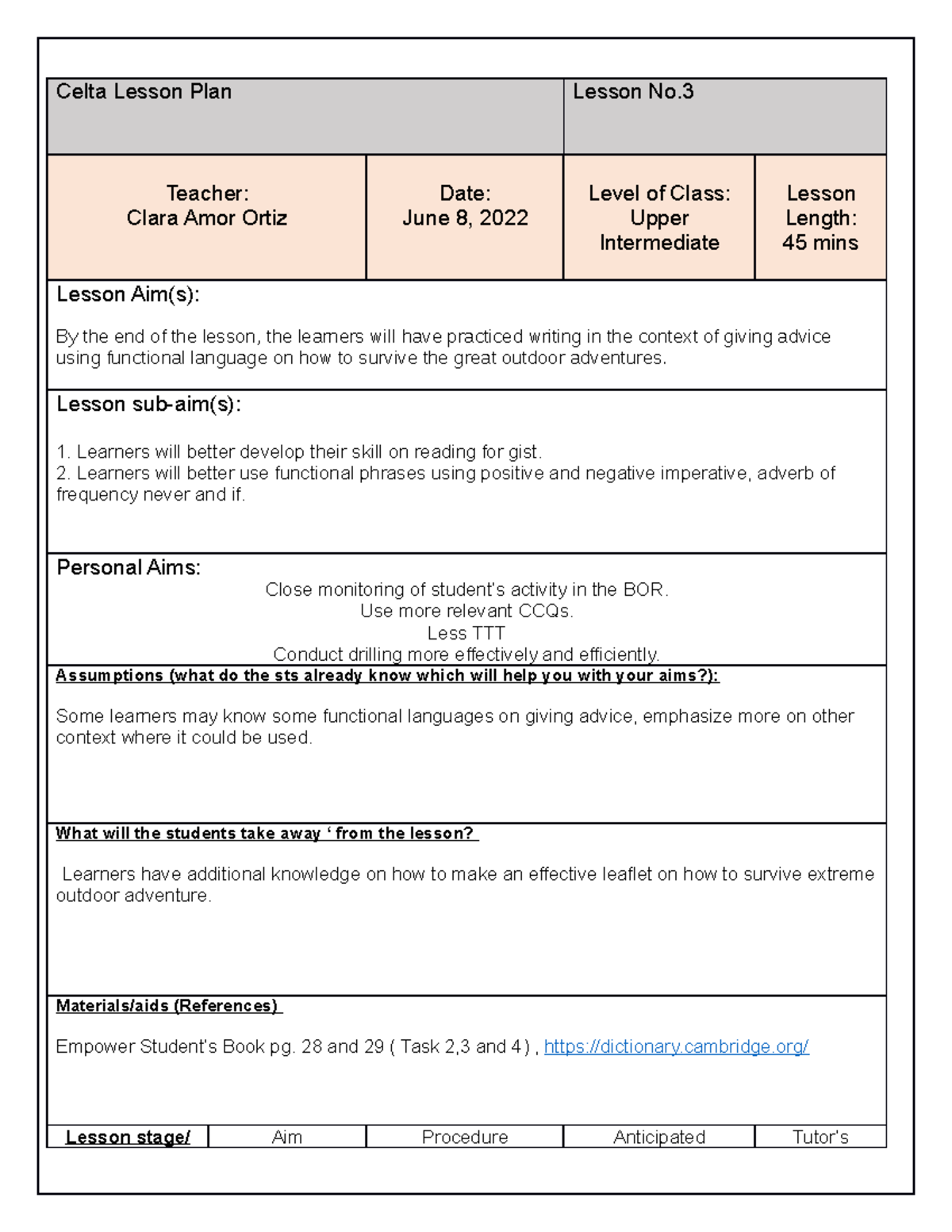 Clara TP3 LP - CELTA Lesson Plan Sample ( Writing) - Celta Lesson Plan ...