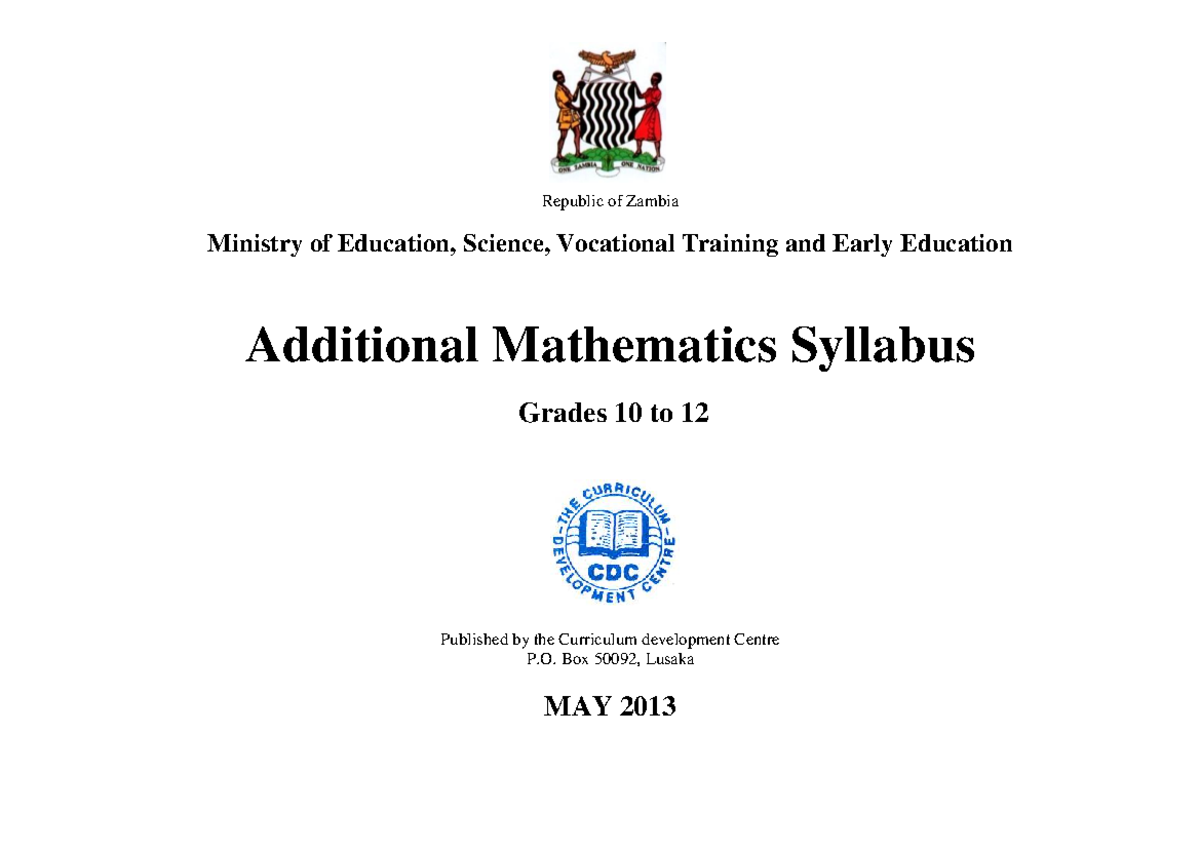 Finalised Additional Mathematics Syllabus for Grades 10-12 (2013) - Studocu