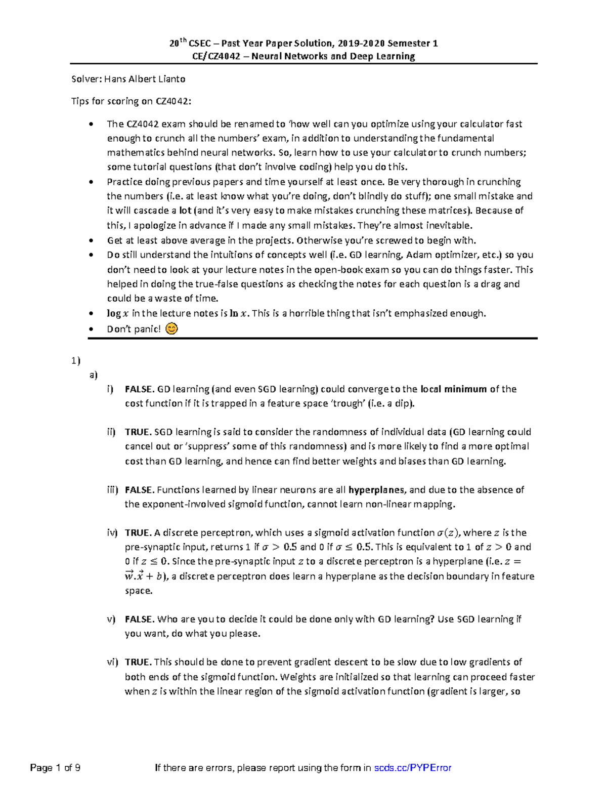 CX4042 Y19-20 S1 Neural Networks & Deep Learning Past Paper Solutions ...