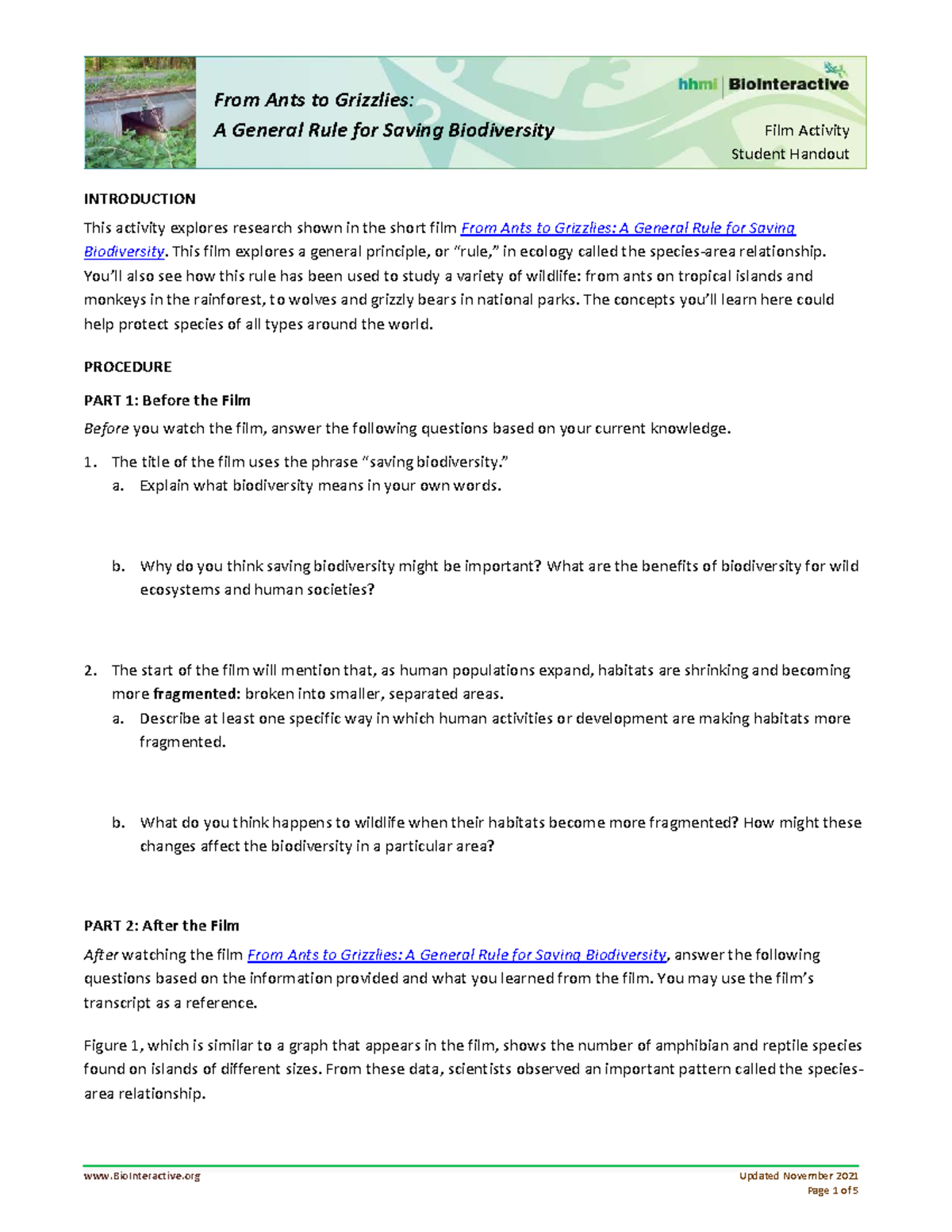 From ants to grizzlies: Biodiversity film activity handout (BIO 101 ...