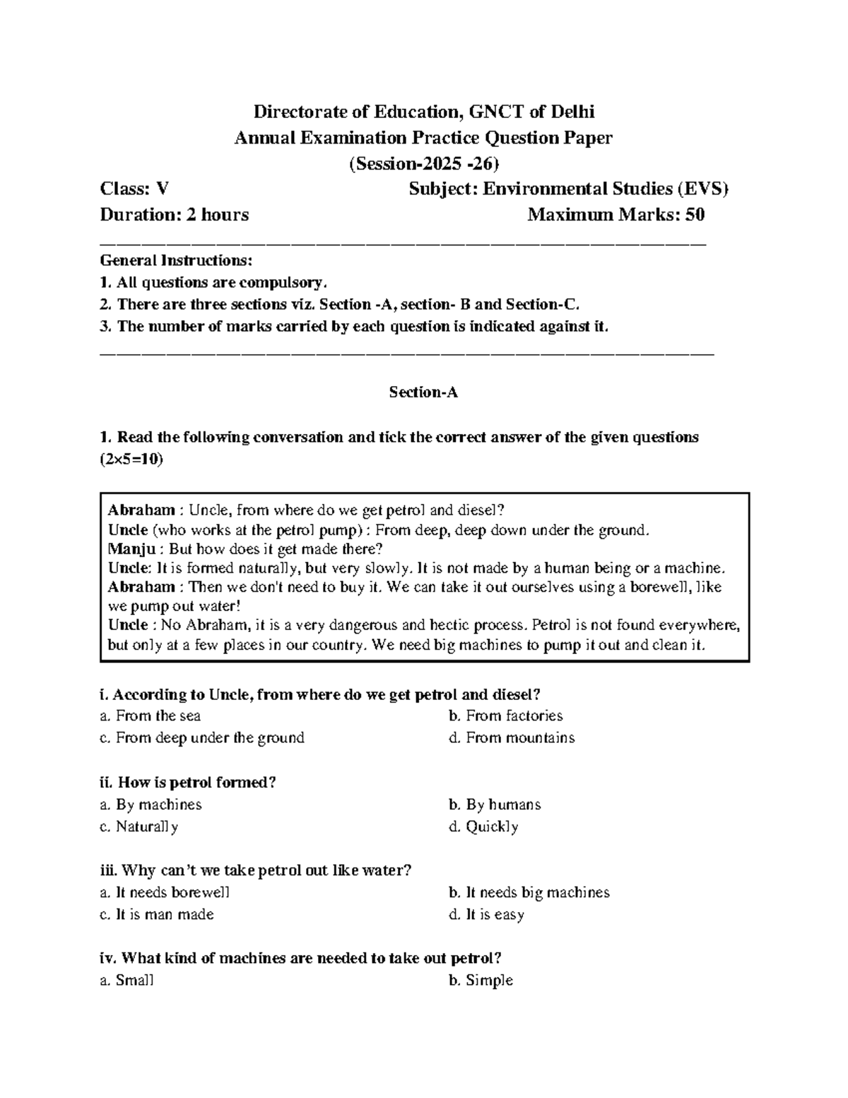EVS Class V Annual Exam Practice Paper 2025 - Studocu