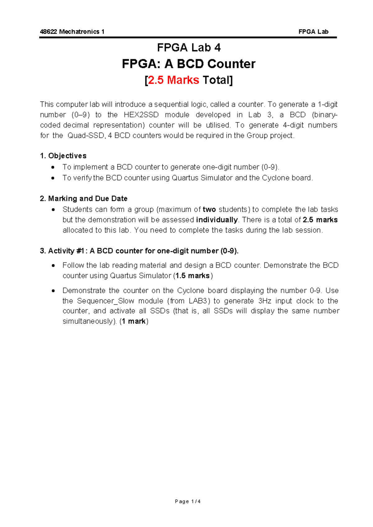 48622 Mechatronics 1 FPGA Lab 4: BCD Counter Implementation - Studocu
