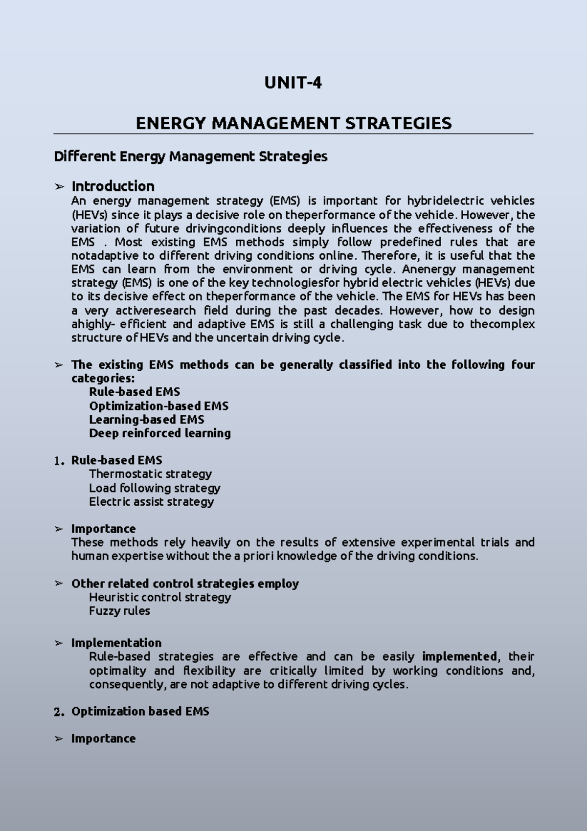UNIT-5 EHV: Energy Management Strategies for Electric and Hybrid Vehicles - Studocu