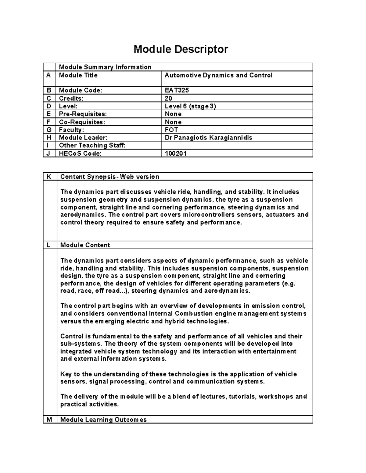 Module Descriptor: Automotive Dynamics and Control EAT325 - Studocu