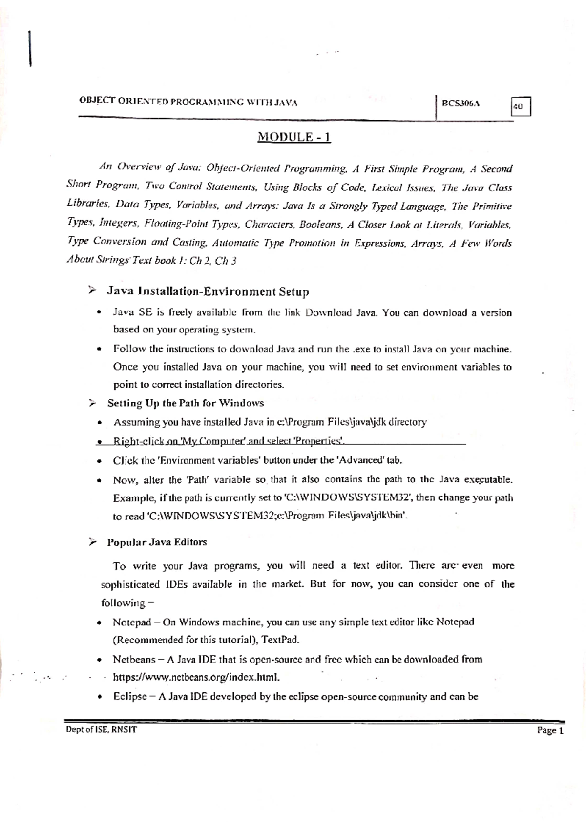 BCS306A Object Oriented Programming with Java: Module 1 Overview - Studocu