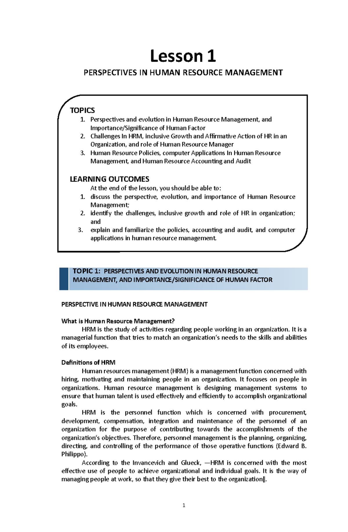 Lesson-1 - N/A - PERSPECTIVE IN HUMAN RESOURCE MANAGEMENT What is Human ...