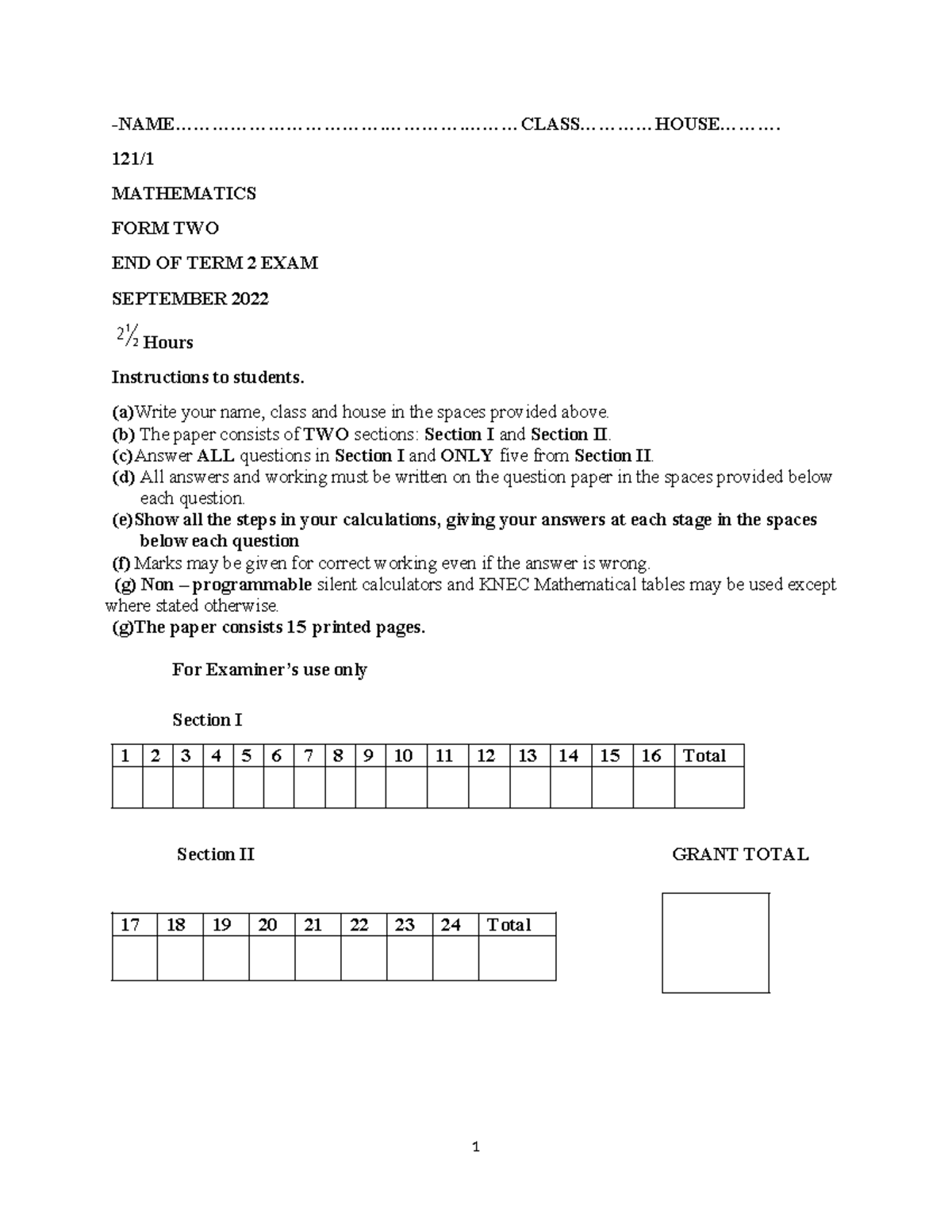 Form 2 Term 2 Mathematics Exam Paper 2022 - Studocu