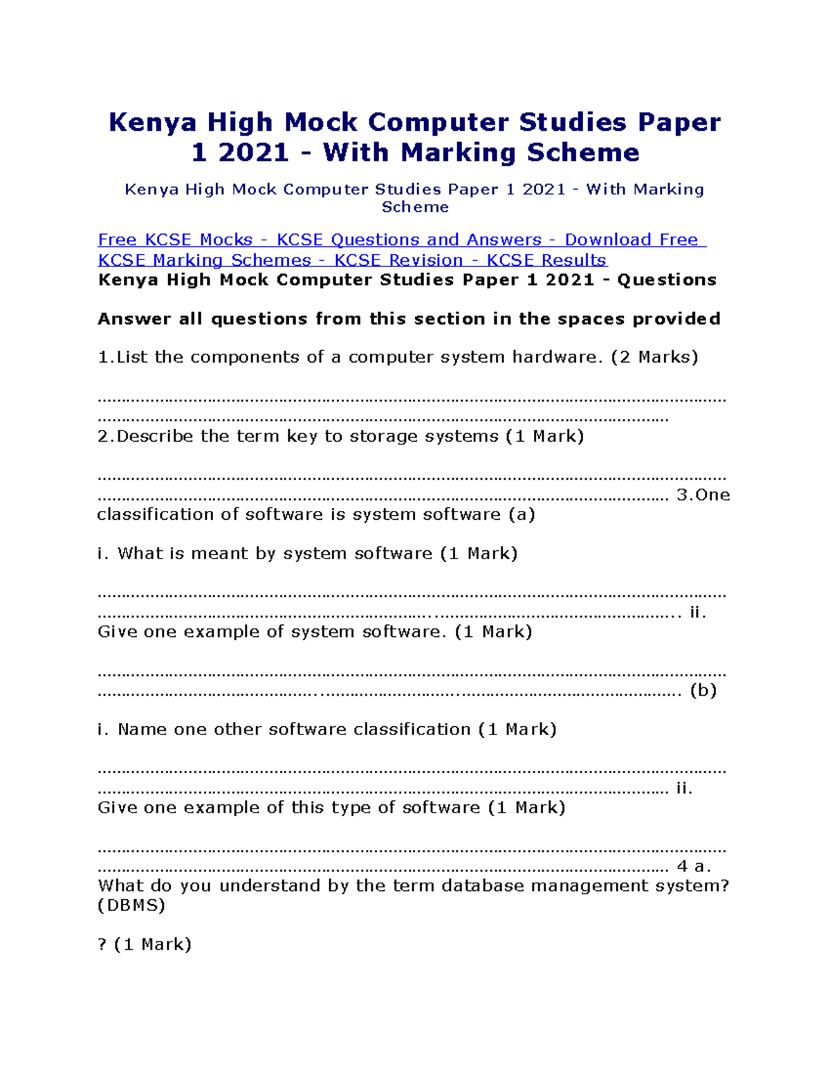 Kenya High Mock Computer Studies Paper 1 2021 - Questions & Marking ...