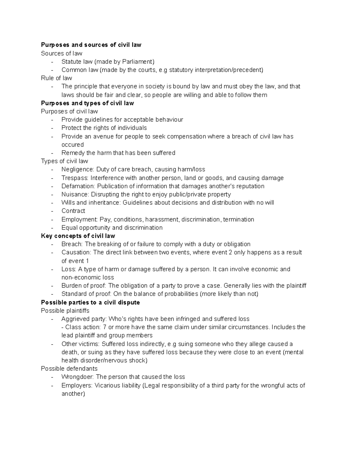 Legal UNIT 2 AOS 1: Overview of Civil Law Purposes and Sources - Studocu