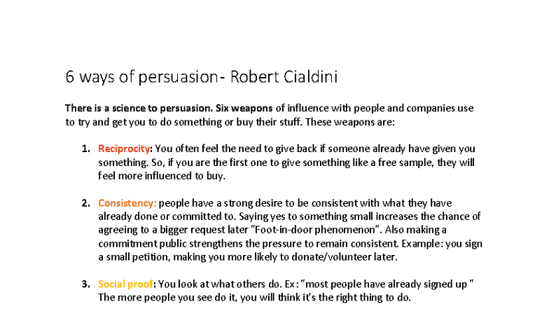 6 Ways of Persuasion: Cialdini's Influence Principles Explained - Studocu