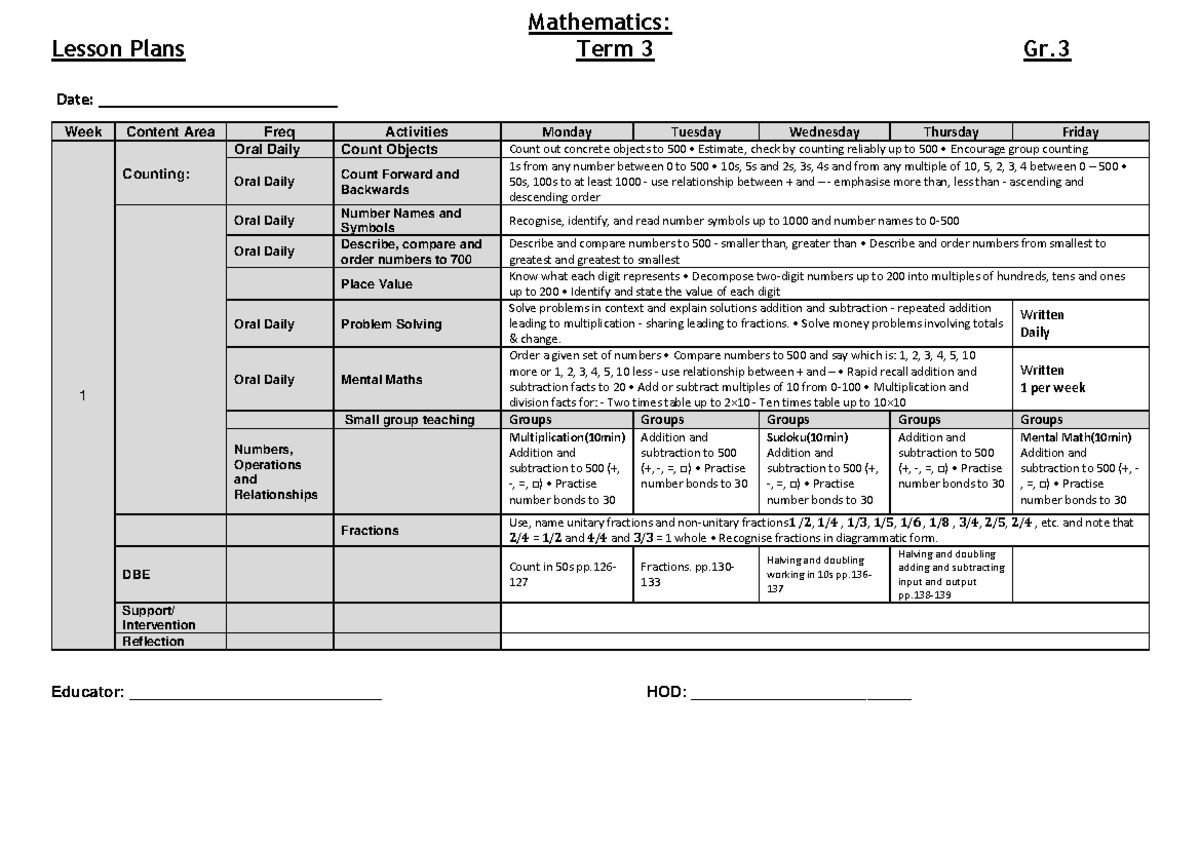 Mathematics Gr.3: Term 3 Comprehensive Lesson Plans - Studocu