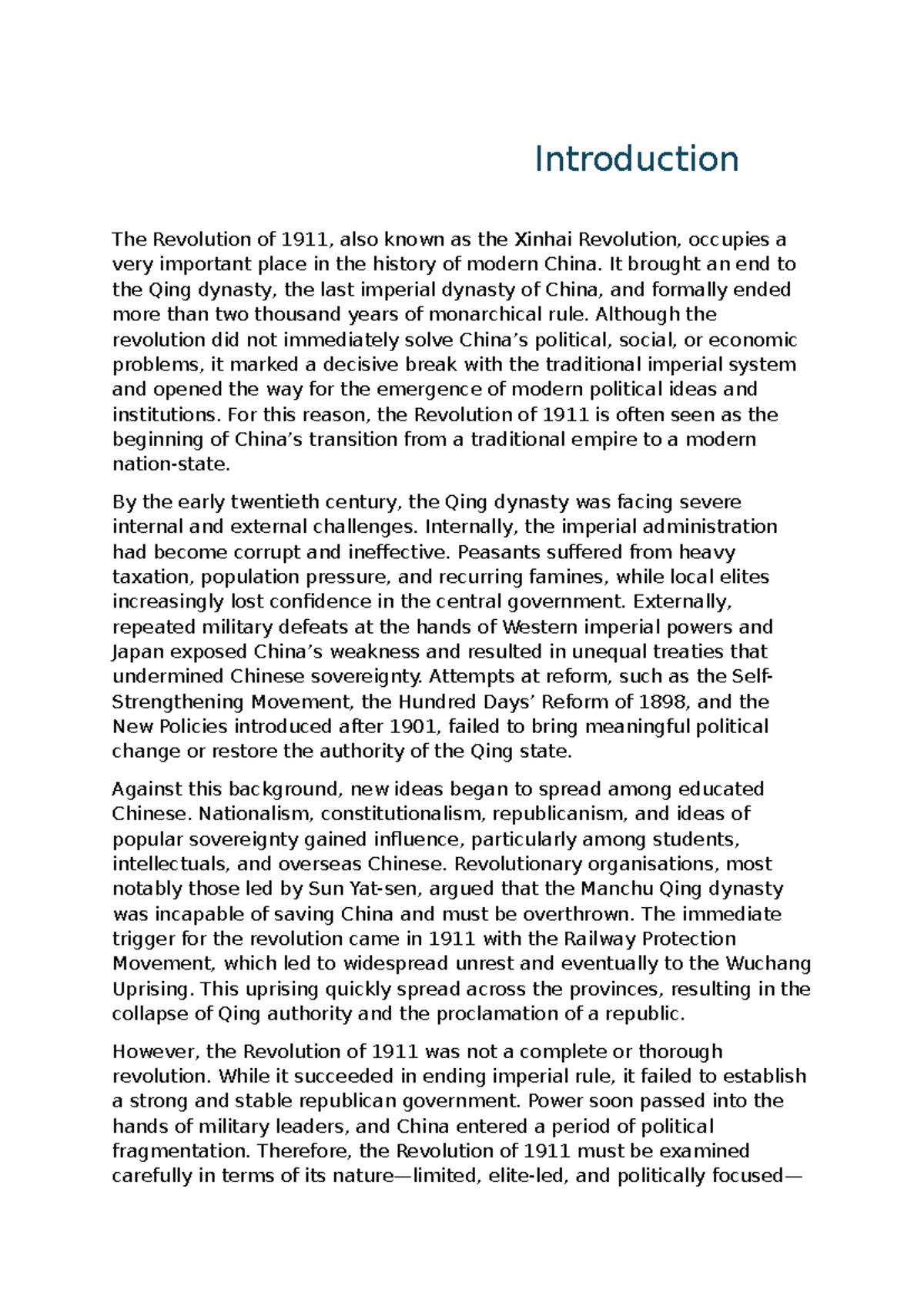 Revolution of 1911: A Turning Point in Modern China History - Studocu