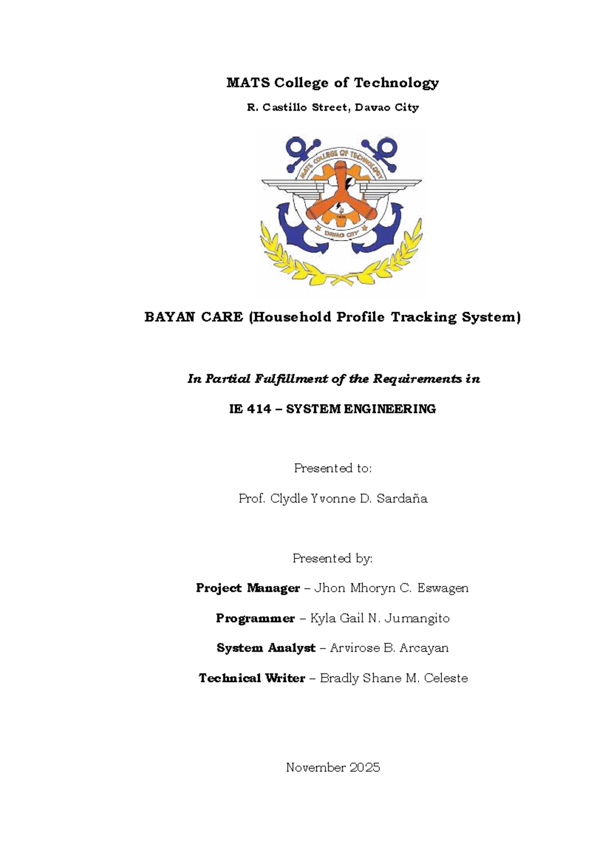 IE 414 Final Project: BAYAN CARE Household Profile Tracking System ...