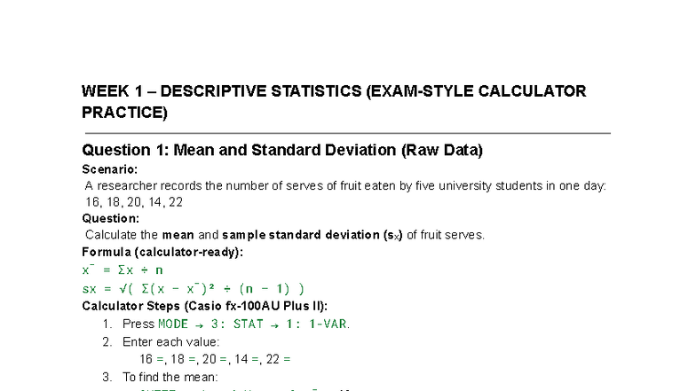 WEEK 1-4 STATISTICS CALCULATOR PRACTICE & PROBABILITY EXAMPLES - Studocu