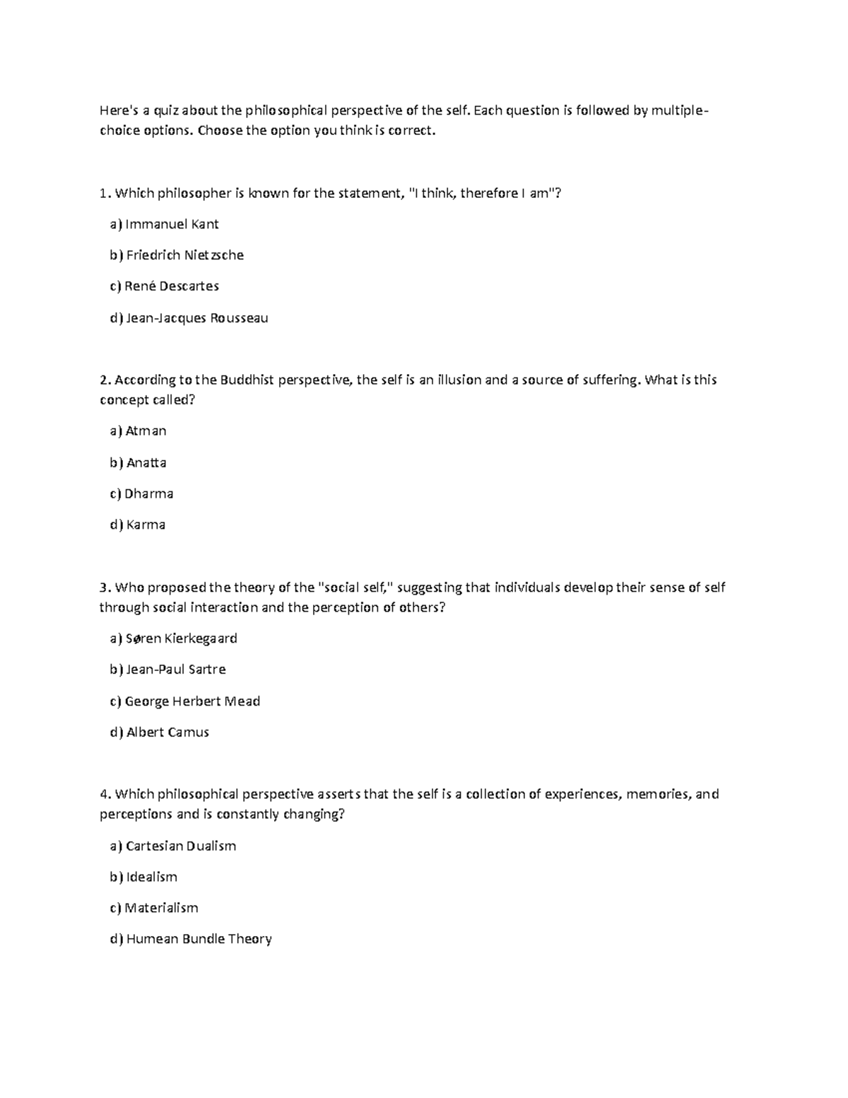 UTS2 - Quizzes on Philosophical Perspectives of the Self - Studocu