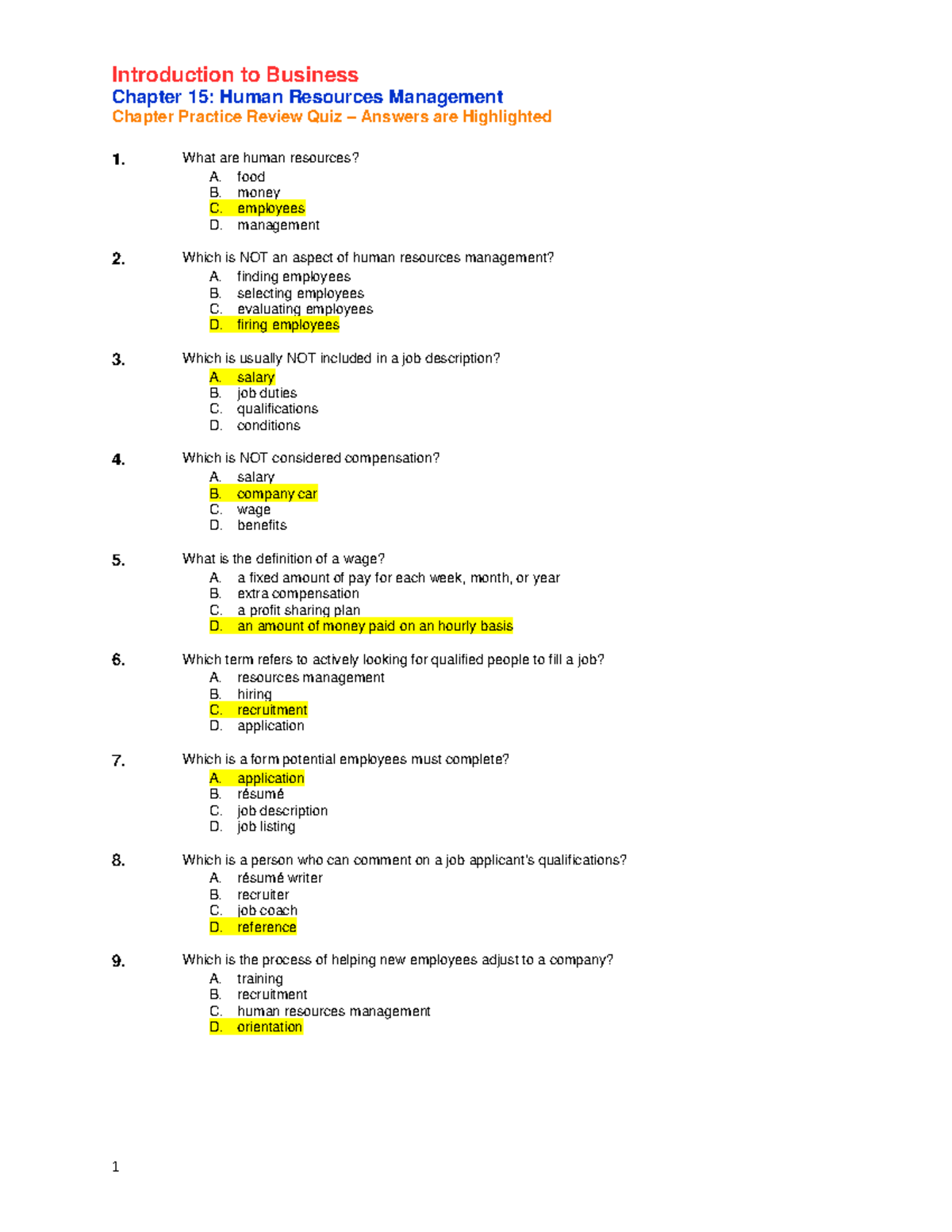 Introduction to Business BUS101 Chapter 15 HR Management Practice Quiz ...