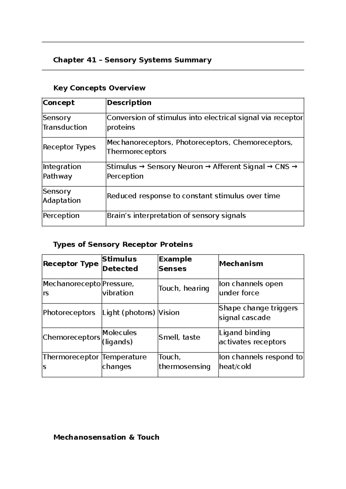 Chapter 41 Zoology - Summary of Sensory Systems Concepts - Studocu